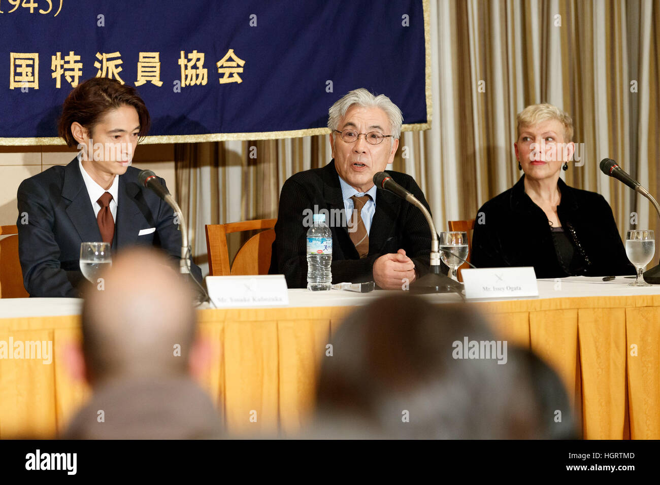 (L to R) Yosuke Kubozuka and Issey Ogata, cast of the film SILENCE (Chinmoku) speak during a ...