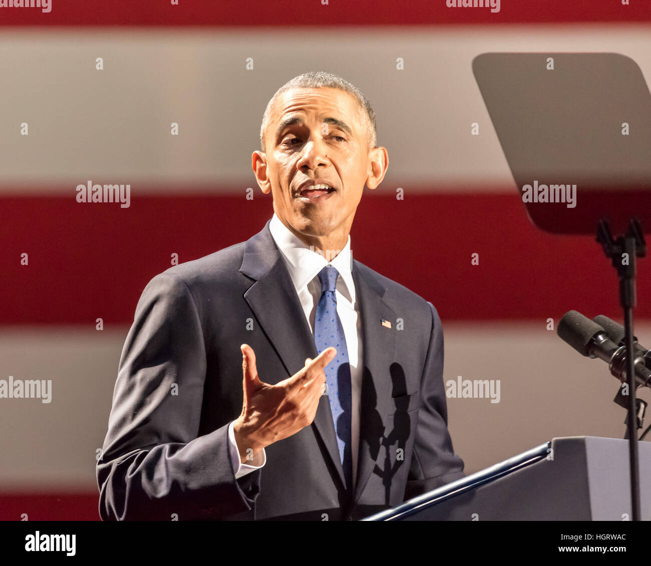 Chicago, IL, USA. 10th Jan, 2017. President Obama makes a point during ...