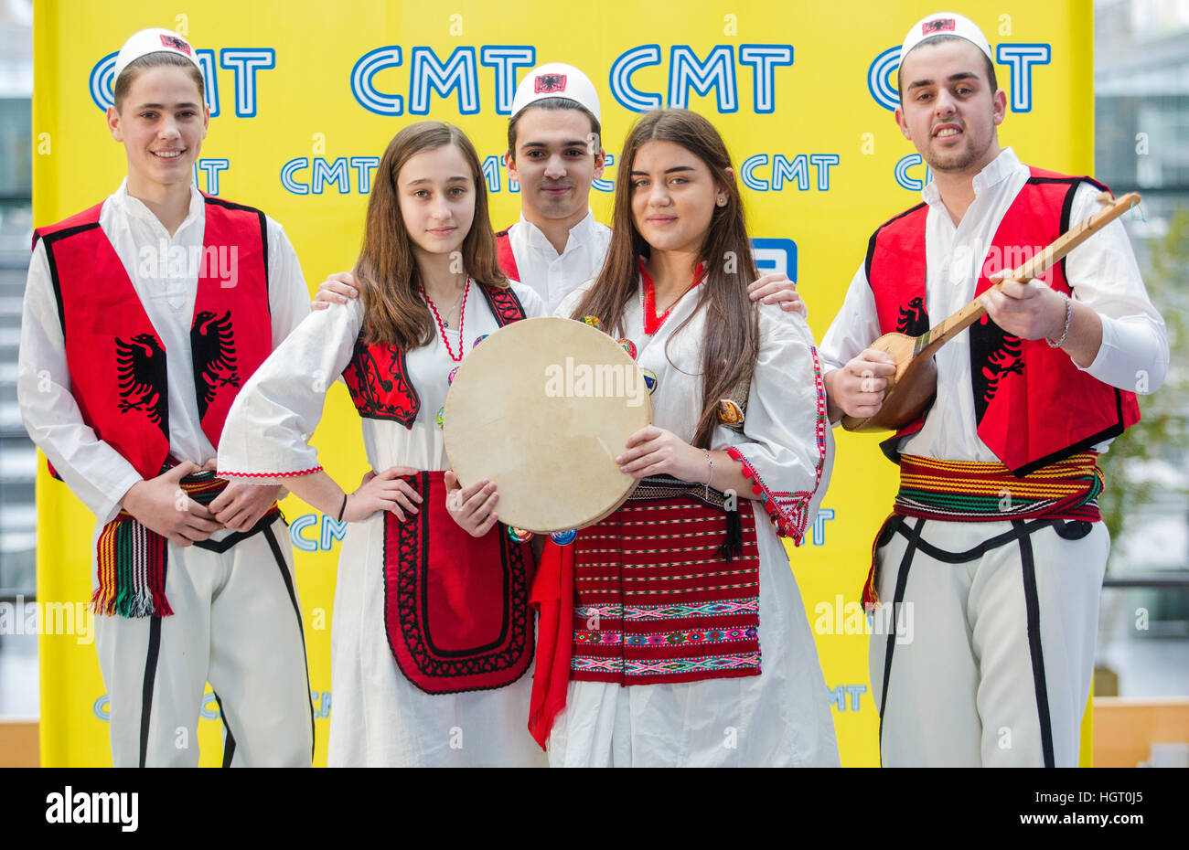 Stuttgart, Germany. 13th Jan, 2017. An Albanian folklore group poses ...