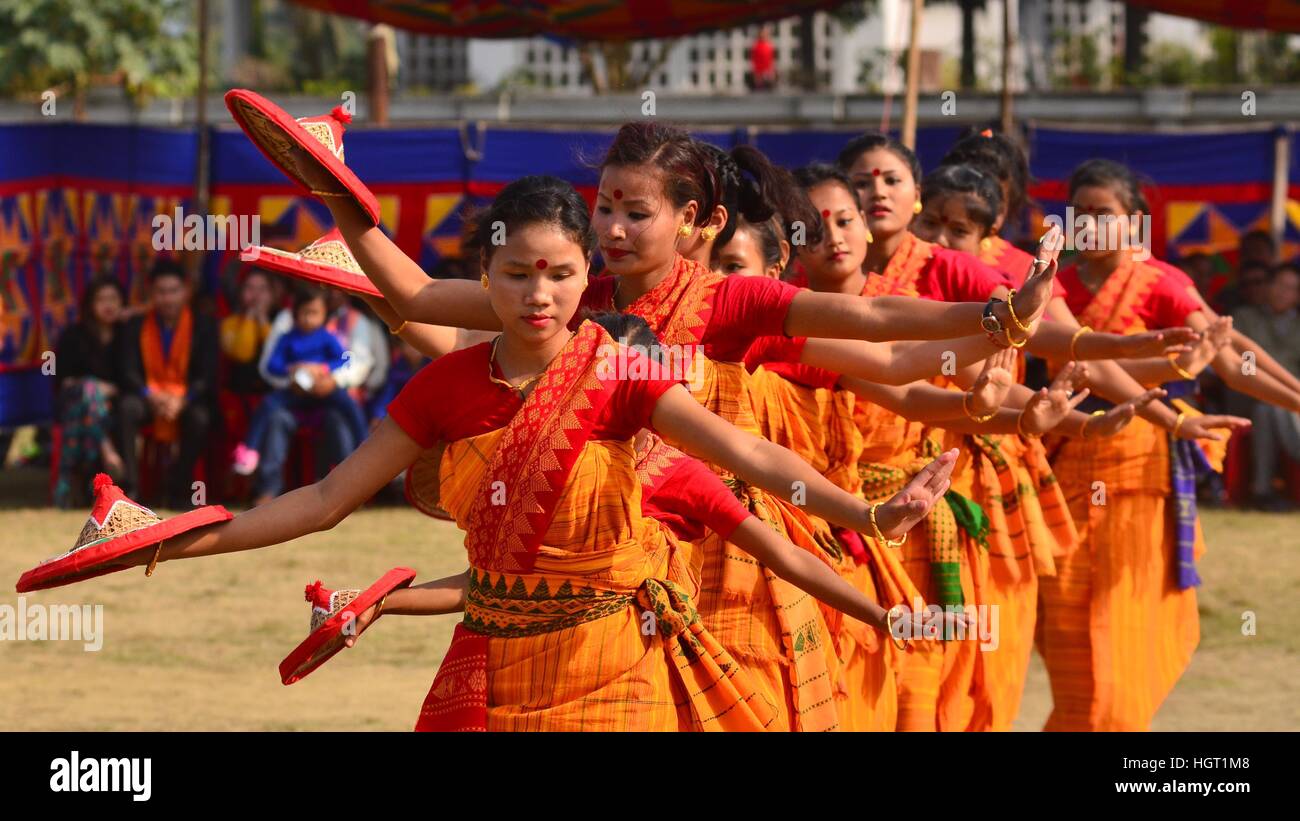 Dimapur, India, 13th January 2017. Indian tribal Kachari performs a ...