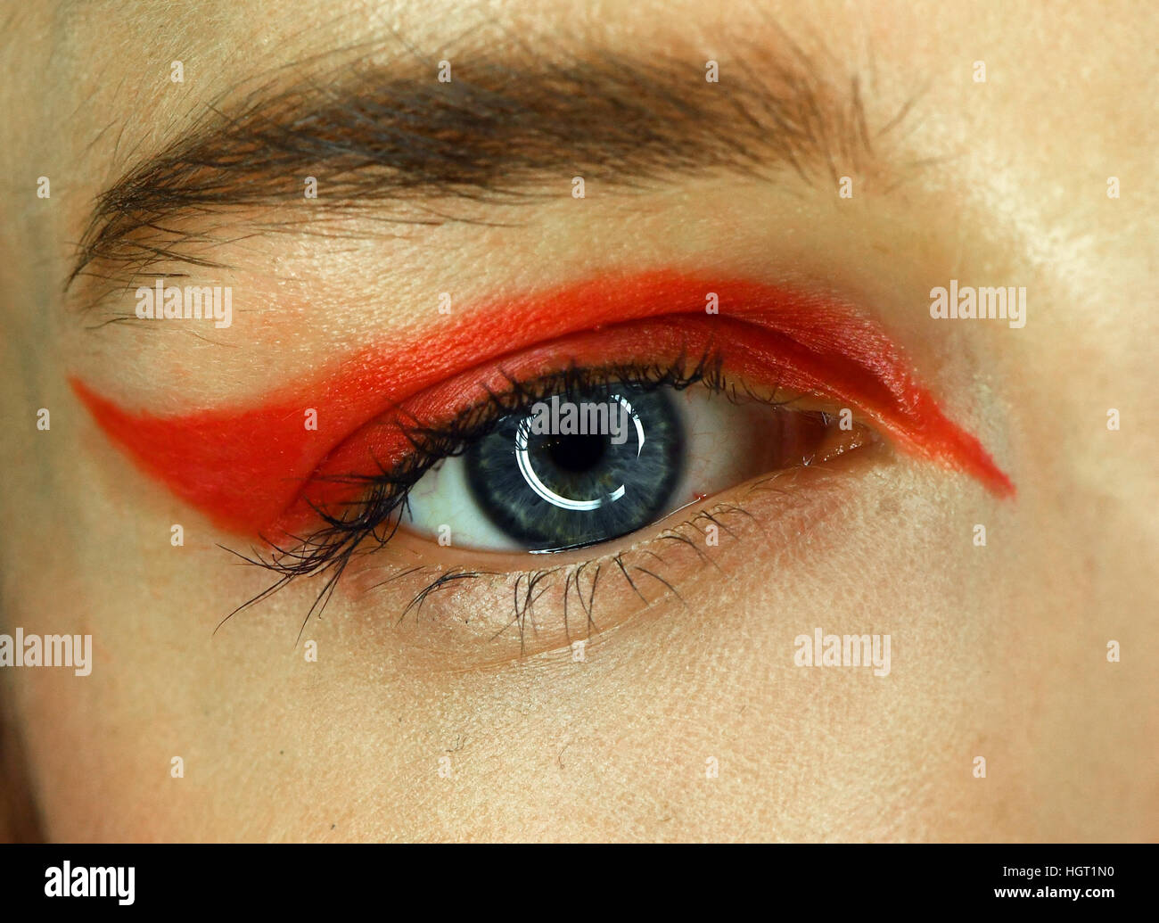 Berlin, Germany. 13th Jan, 2017. The rouged eye of model Lara ...