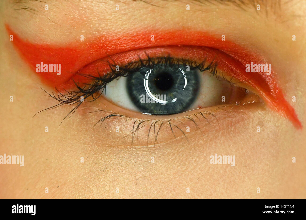 Berlin, Germany. 13th Jan, 2017. The rouged eye of model Lara ...