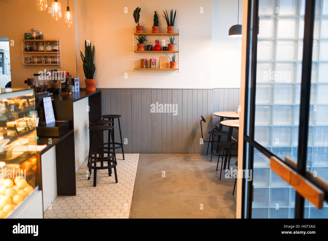Empty cafeteria or bar with counter, chairs and tables Stock Photo - Alamy