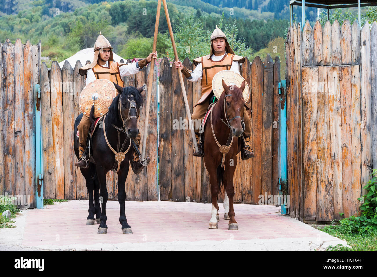 Two riders in front of the entrance of the Kazakh ethnographical ...