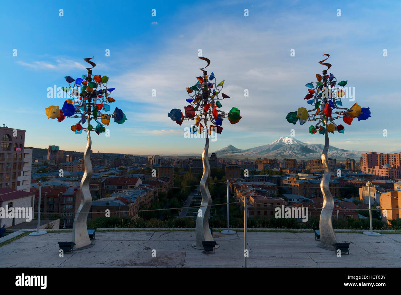 Metallic trees, Yerevan Cascade and Mount Ararat, Armenia, Middle East ...