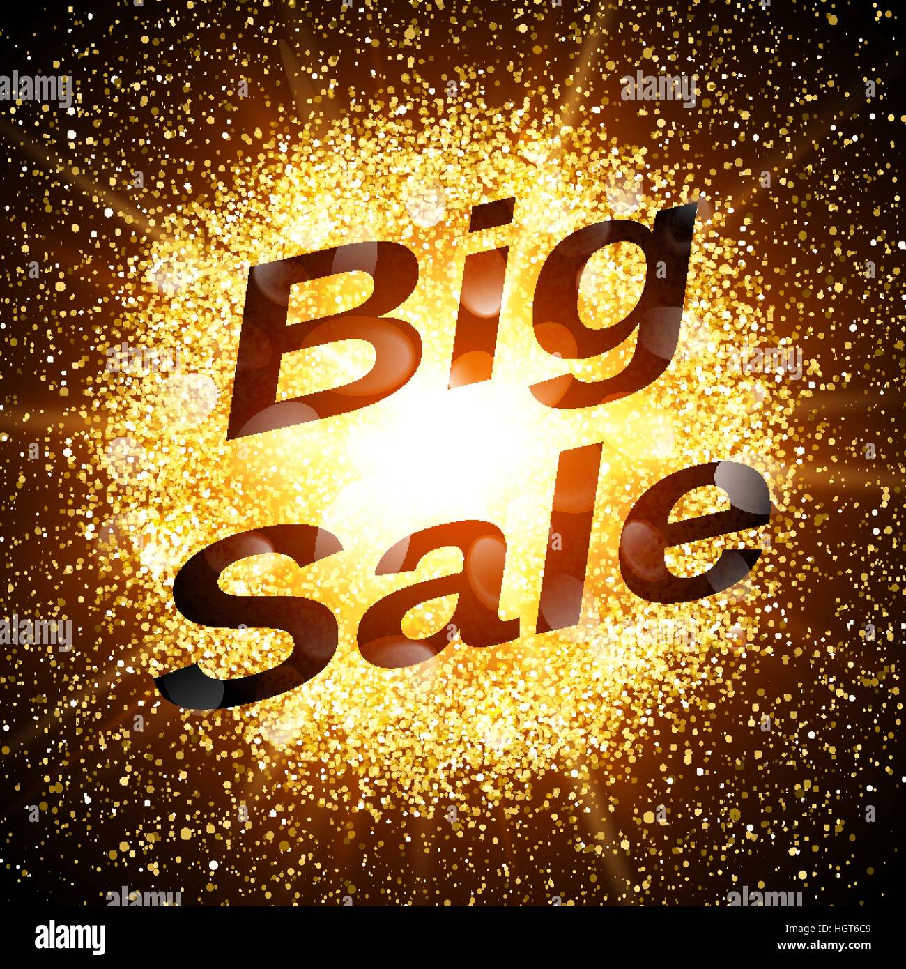 Big sale banner. Abstract explosion with gold glittering elements. Burst of glowing star. Dust ...