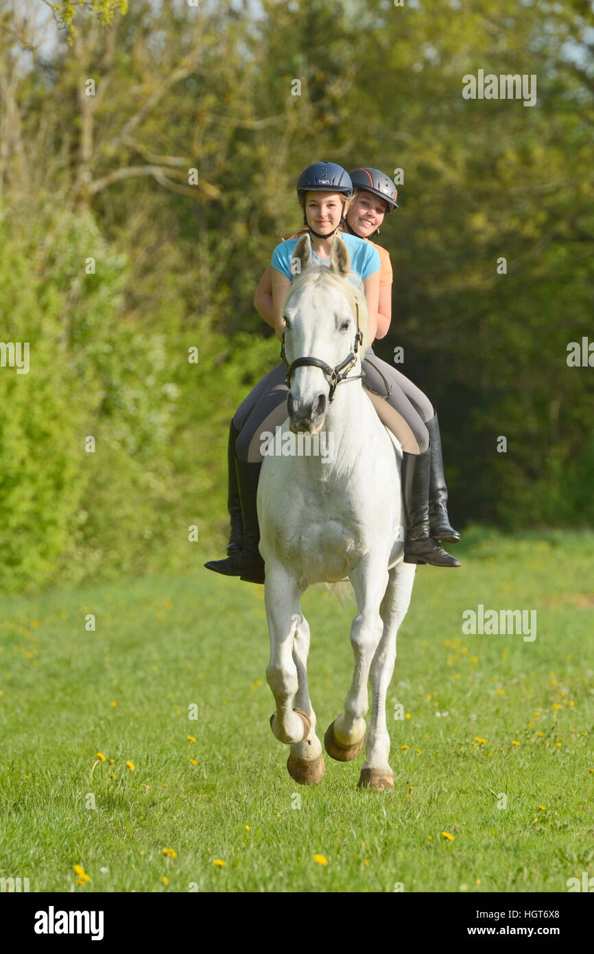 Two young horsewomen riding bareback together on a Bavarian horse ...