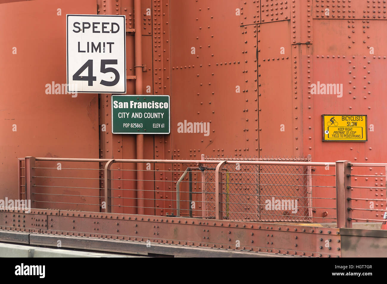 Speed limit and population indication signs on Golden gate Bridge in ...