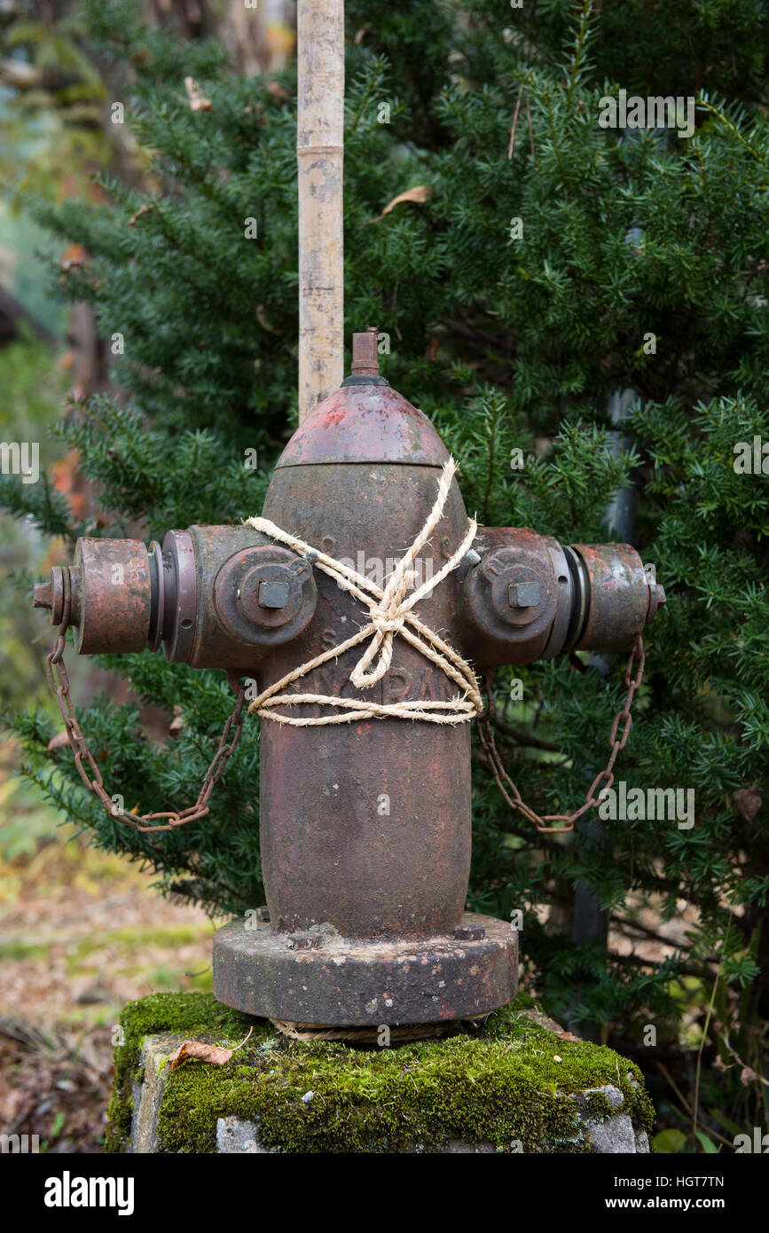 Fire hydrant in village of Shiraka Go. Ready for the winter. The stick ...