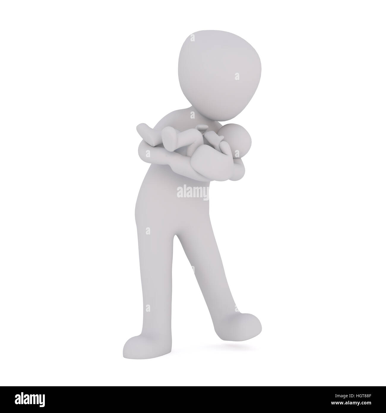 Faceless cartoon character standing and holding baby in arms, 3D render ...