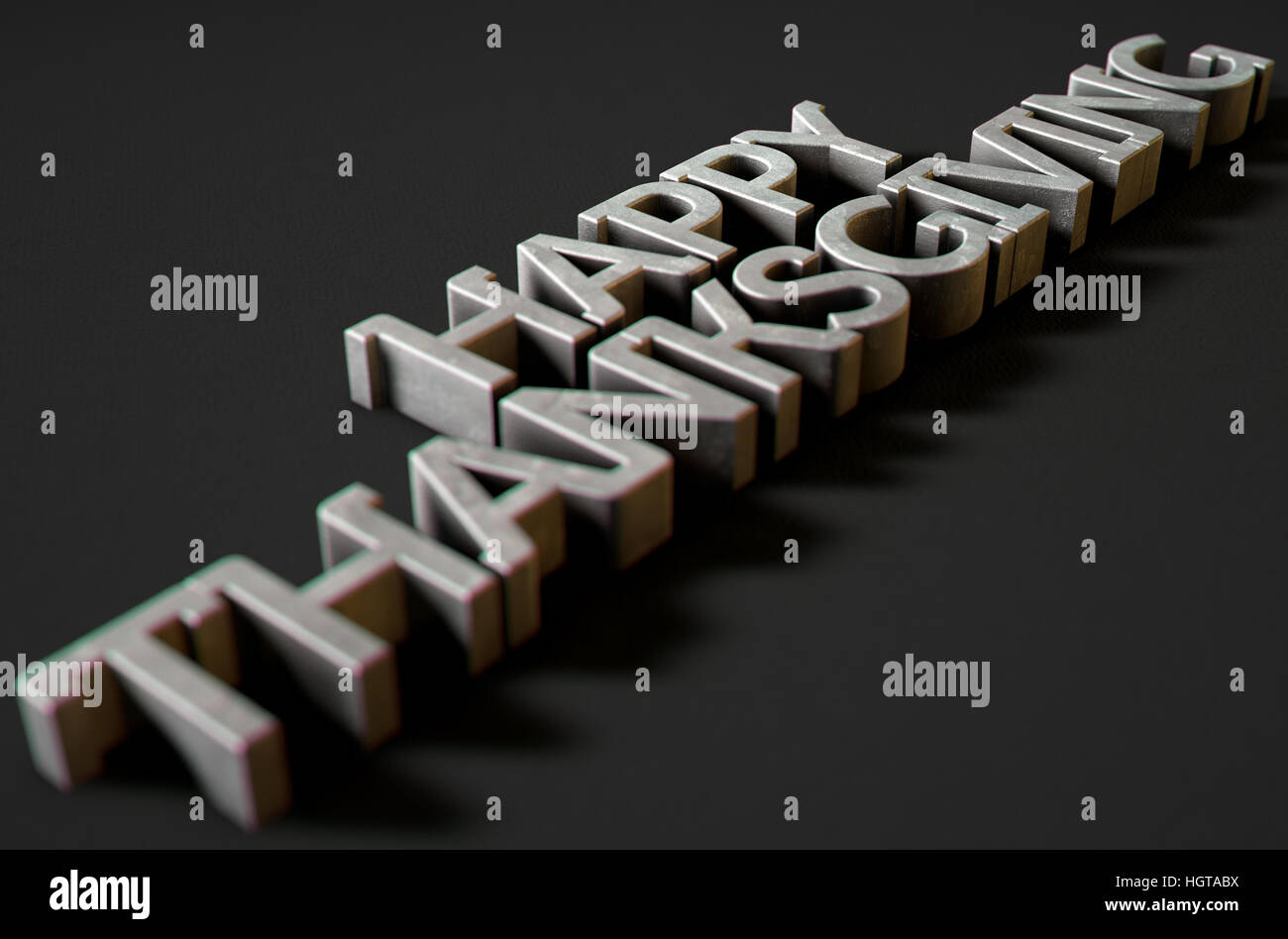 A 3D render of metal extruded text spelling out the phrase happy ...