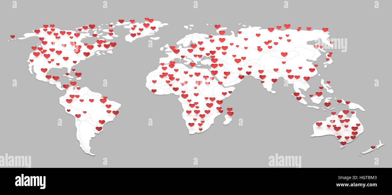 world map with many heart symbol. 3d rendering Stock Photo - Alamy