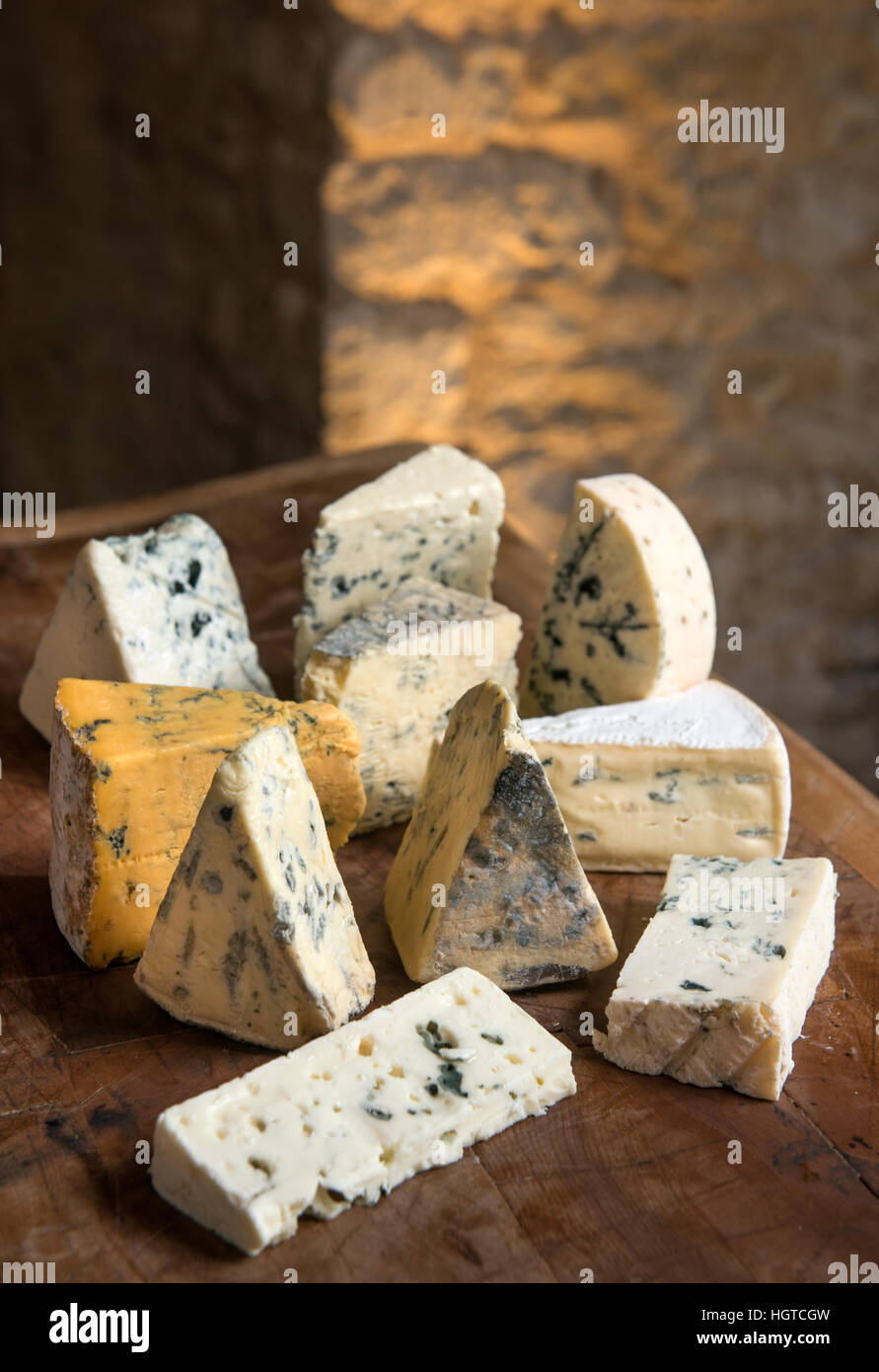 A selection of English and Continental Blue cheeses arranged on a ...