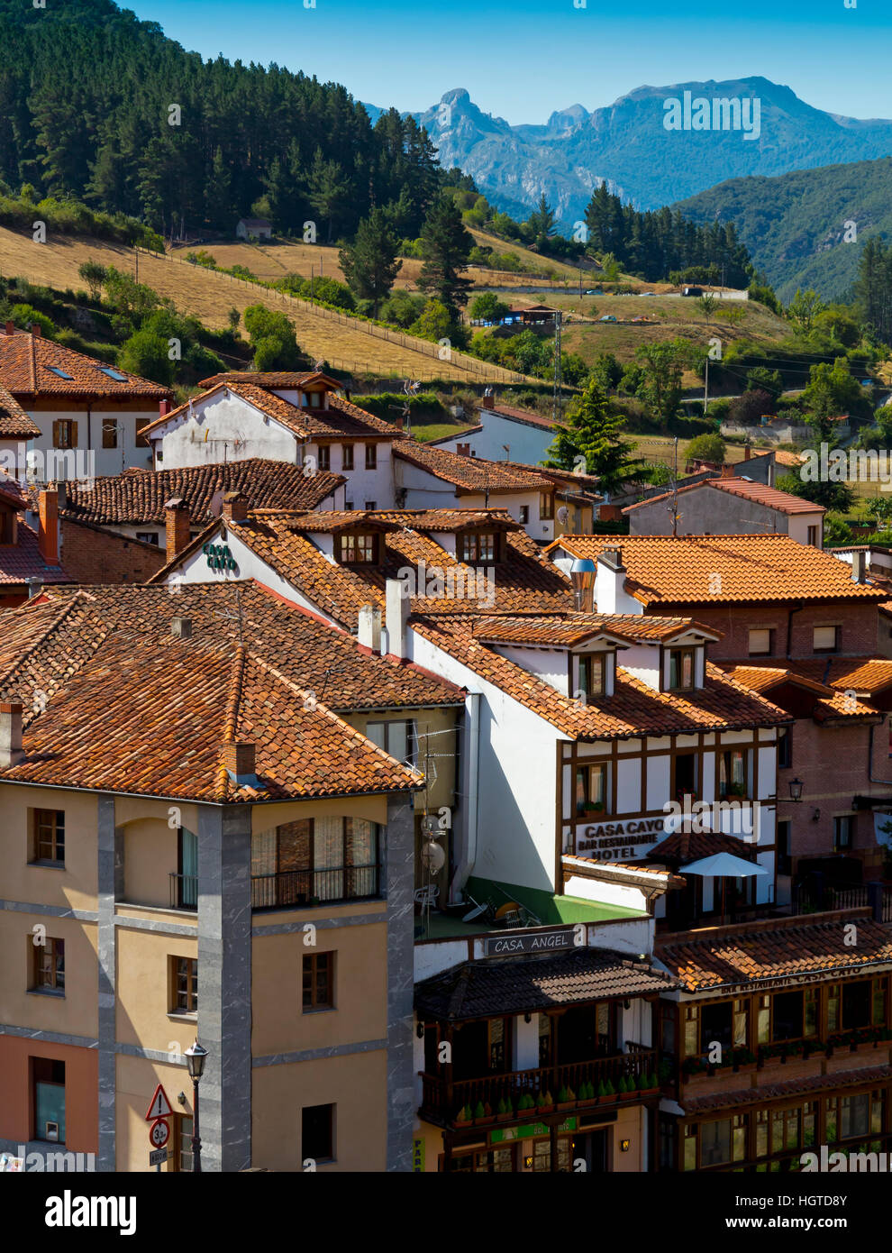 View across the medieval town of Potes in the Picos de Europa National ...