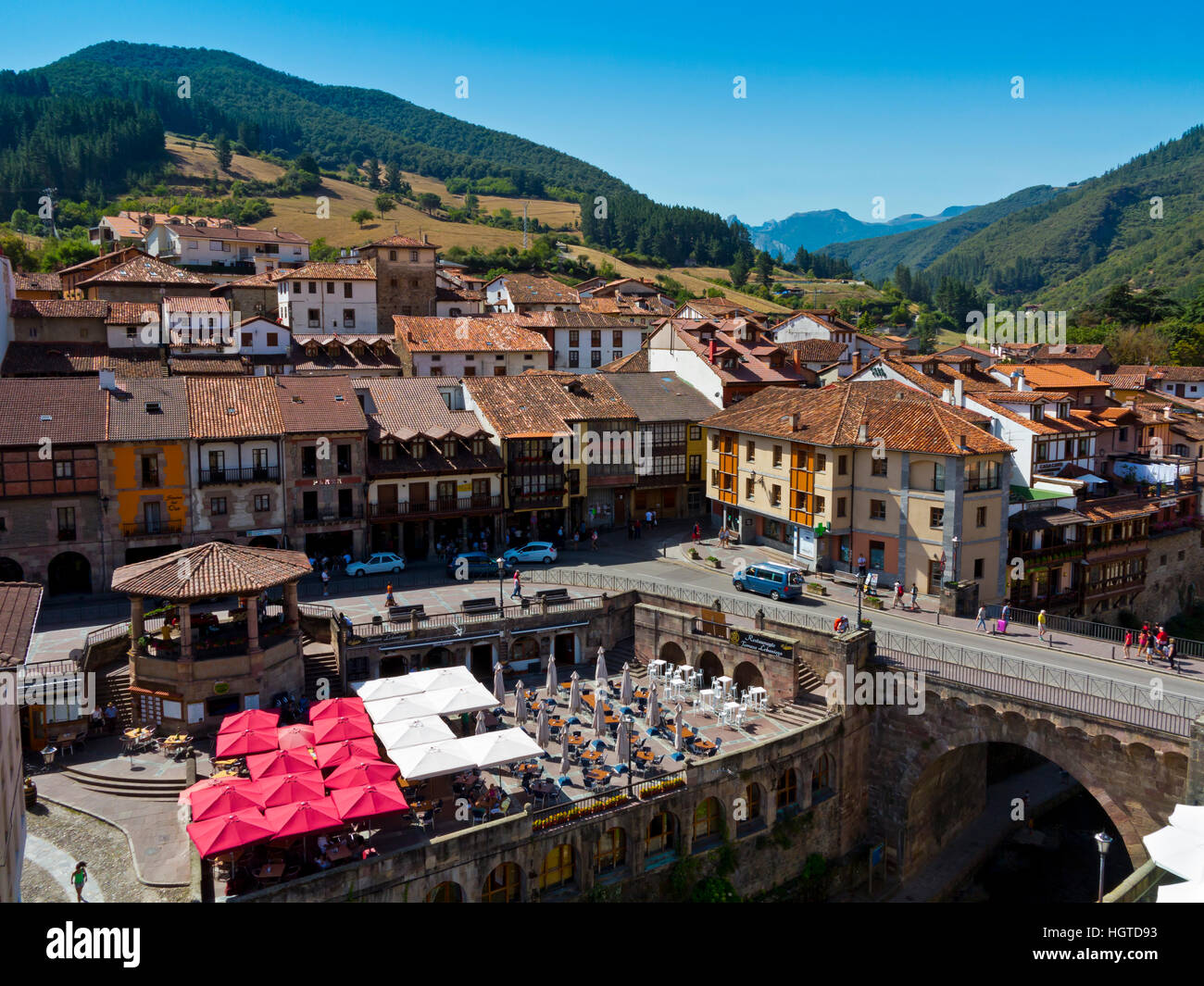 View across the medieval town of Potes in the Picos de Europa National ...