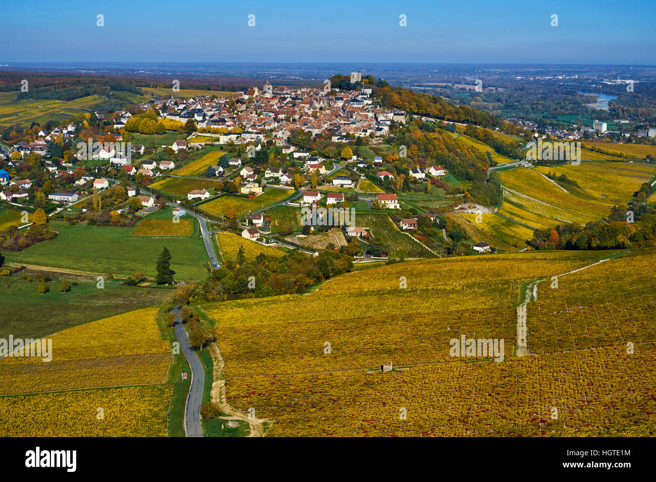 France, Cher 18, Berry, Sancerre village, vineyard in autumn, aerial ...