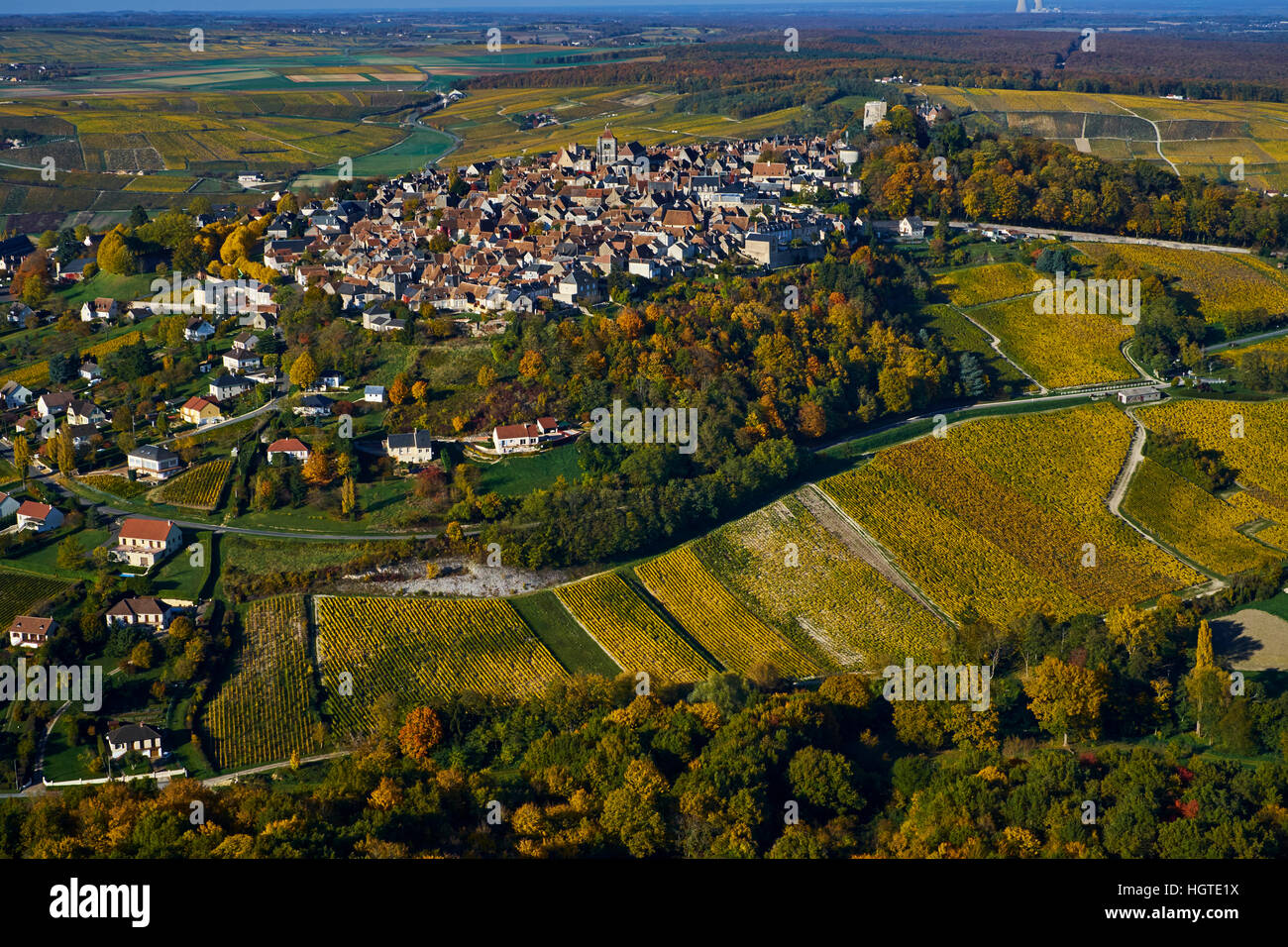 France, Cher 18, Berry, Sancerre village, vineyard in autumn, aerial ...