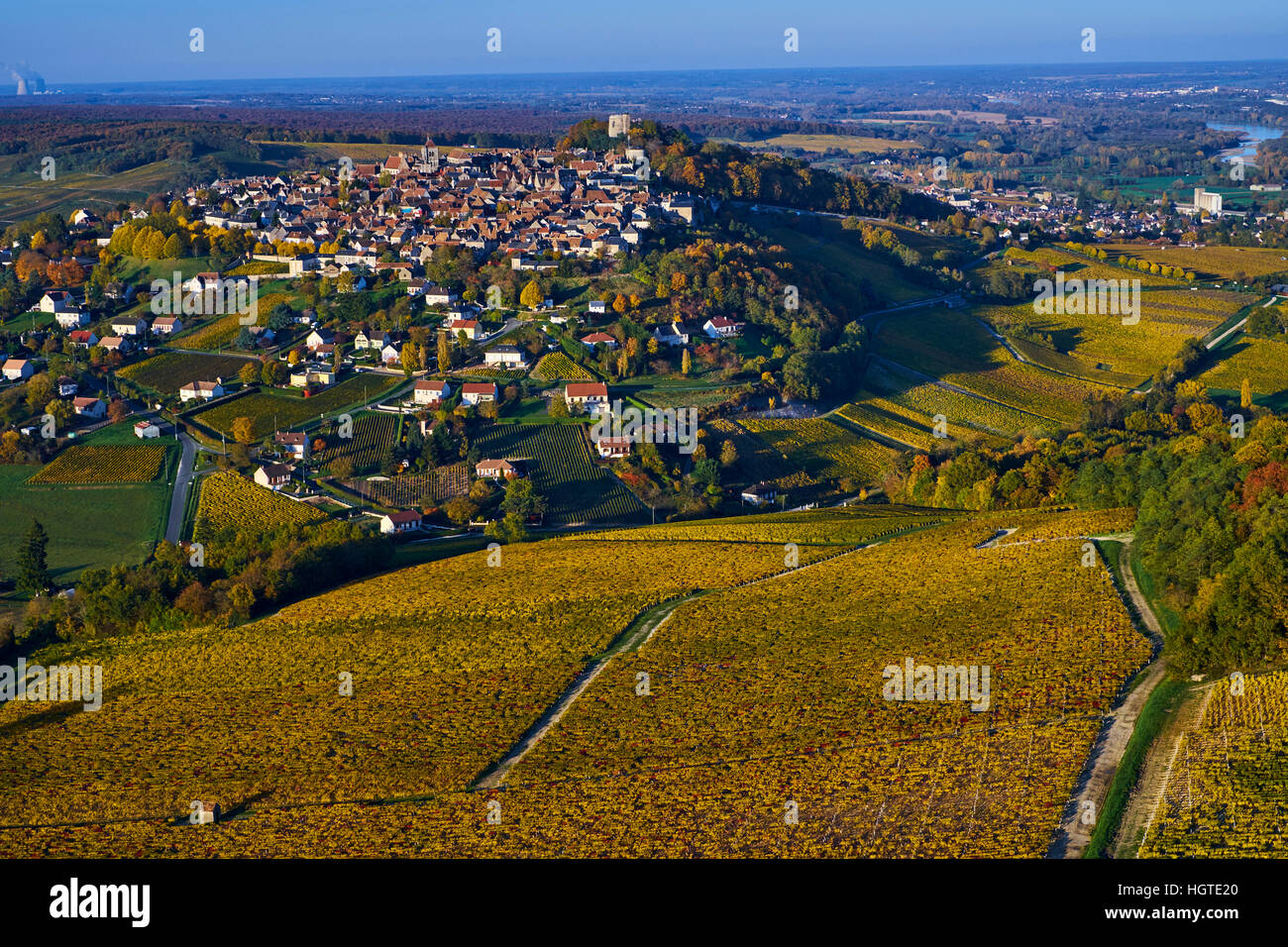 France, Cher 18, Berry, Sancerre village, vineyard in autumn, aerial ...