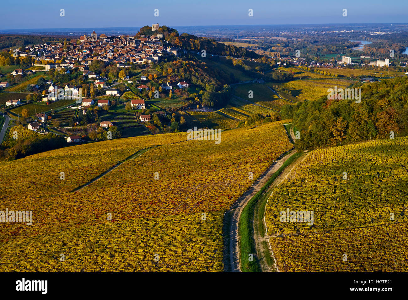France, Cher 18, Berry, Sancerre village, vineyard in autumn, aerial ...