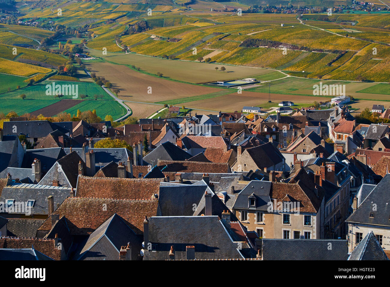 France, Cher 18, Berry, Sancerre village, the roofs, vineyard in autumn ...