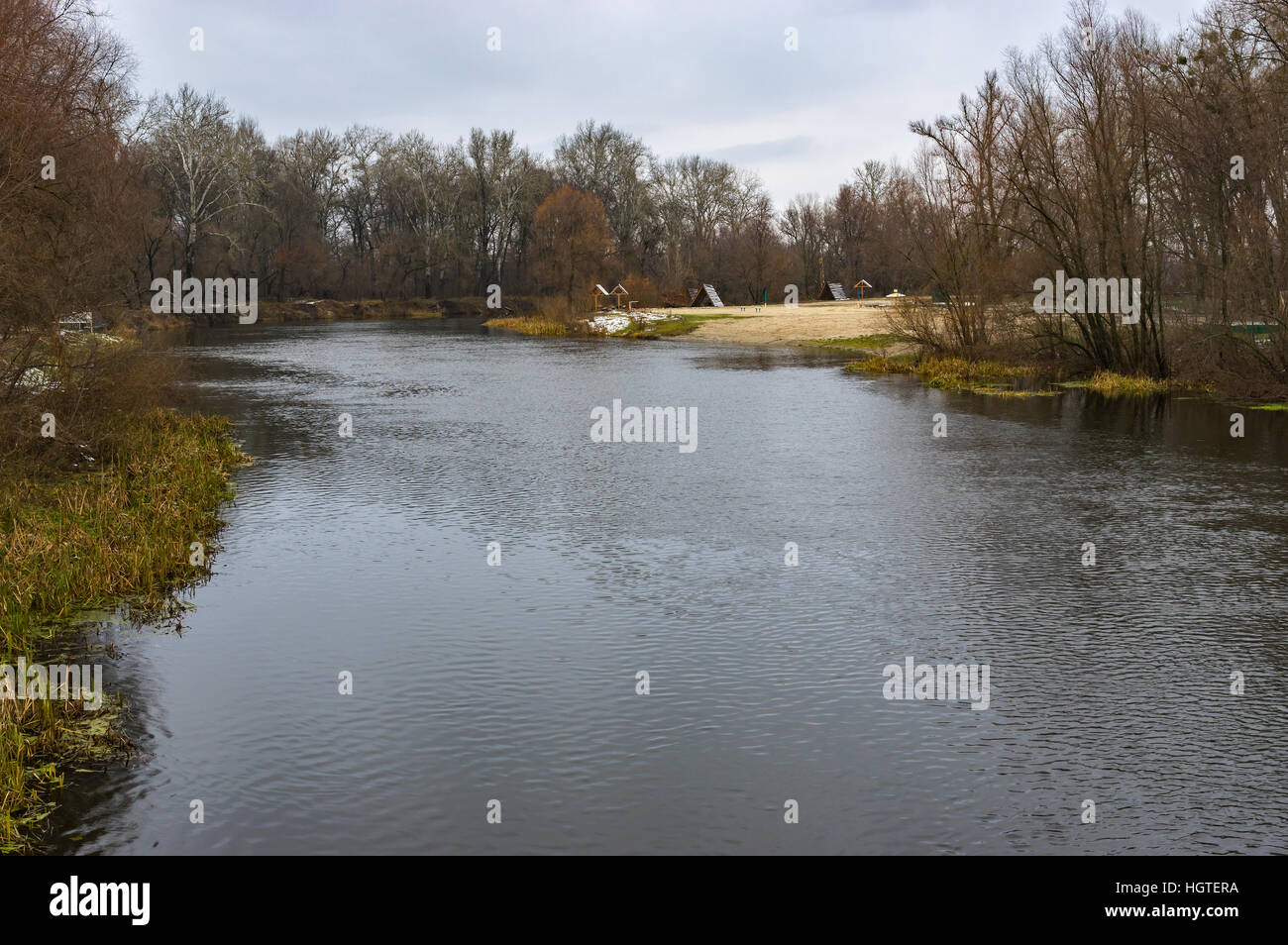 Landscape at gloomy, autumnal day a on a Psel river, Ukraine Stock ...