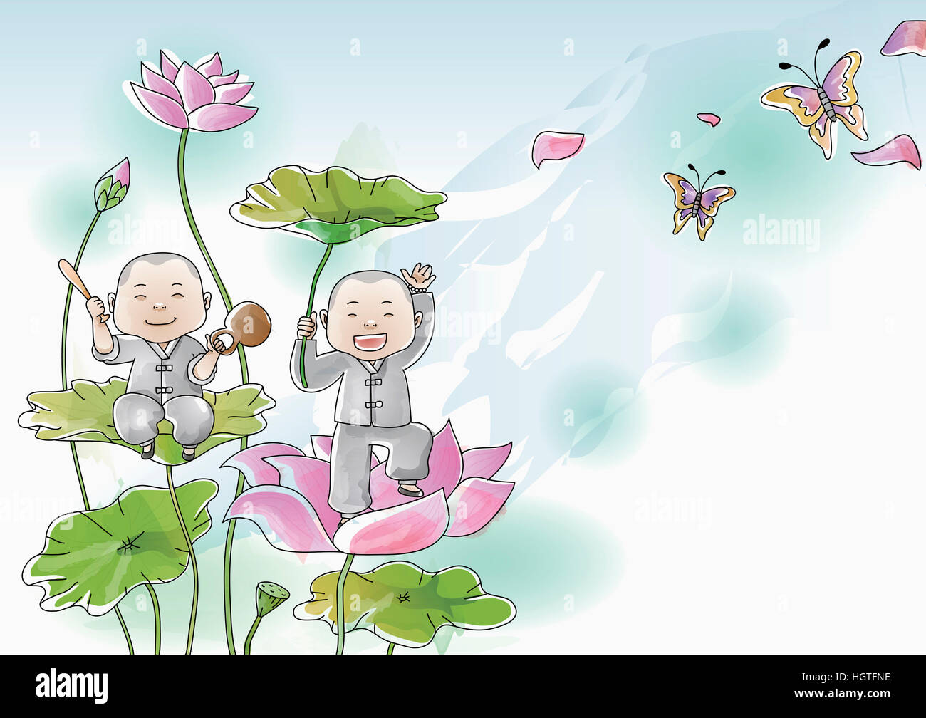 Smiling young monks playing in lotus flowers Stock Photo - Alamy