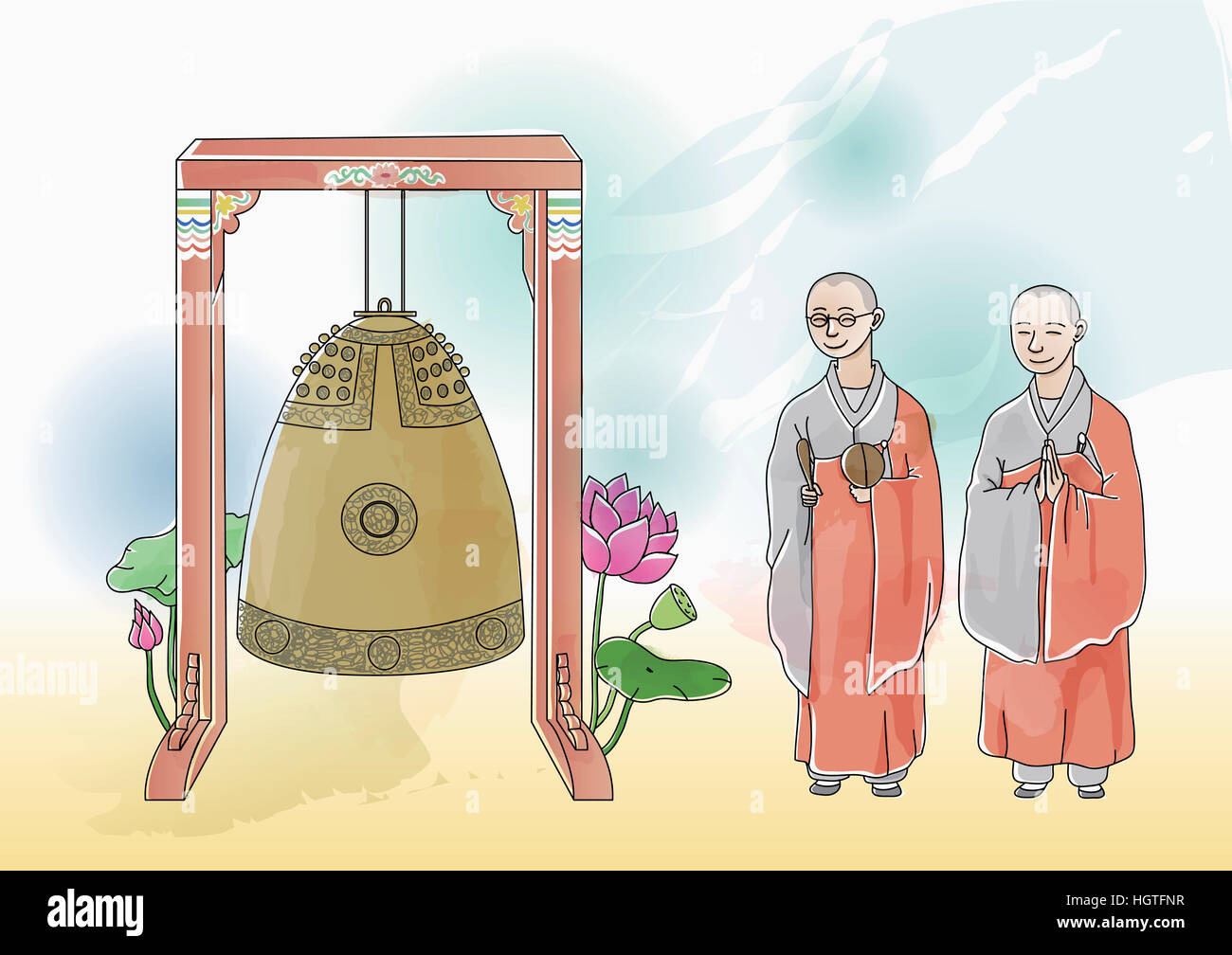 Two smiling monks and Buddhist temple bell Stock Photo - Alamy
