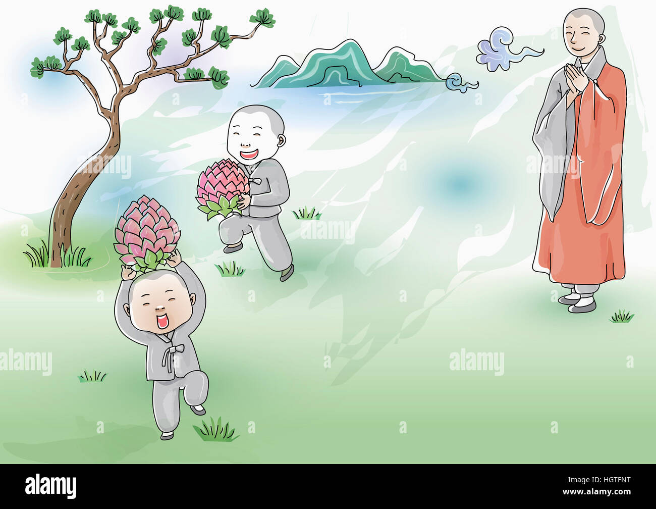 Smiling young monks playing with lotus flowers and a smiling monk Stock ...