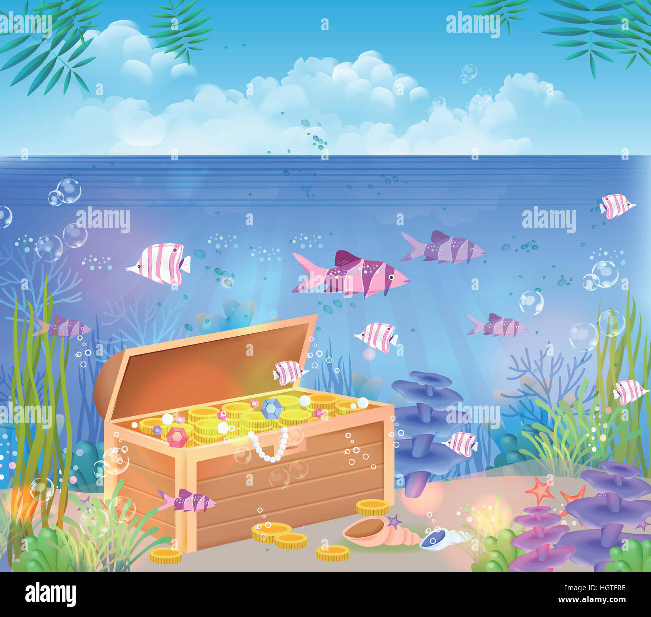 Treasure box and sea creatures underwater Stock Photo - Alamy