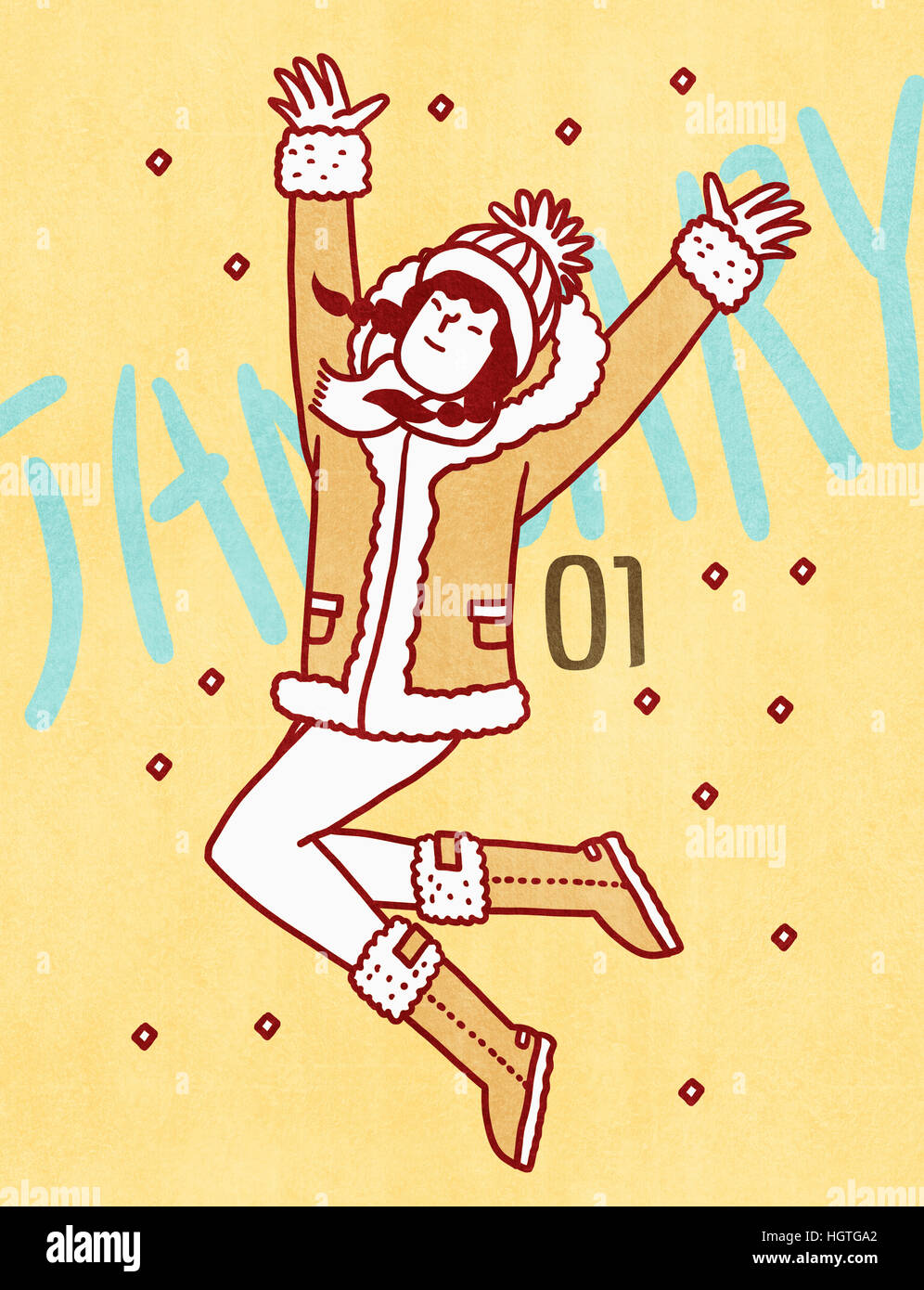 Woman in winter clothes jumping in January Stock Photo - Alamy