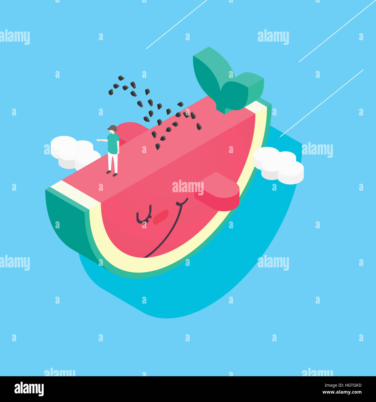 Man standing on a smiling watermelon whale Stock Photo - Alamy