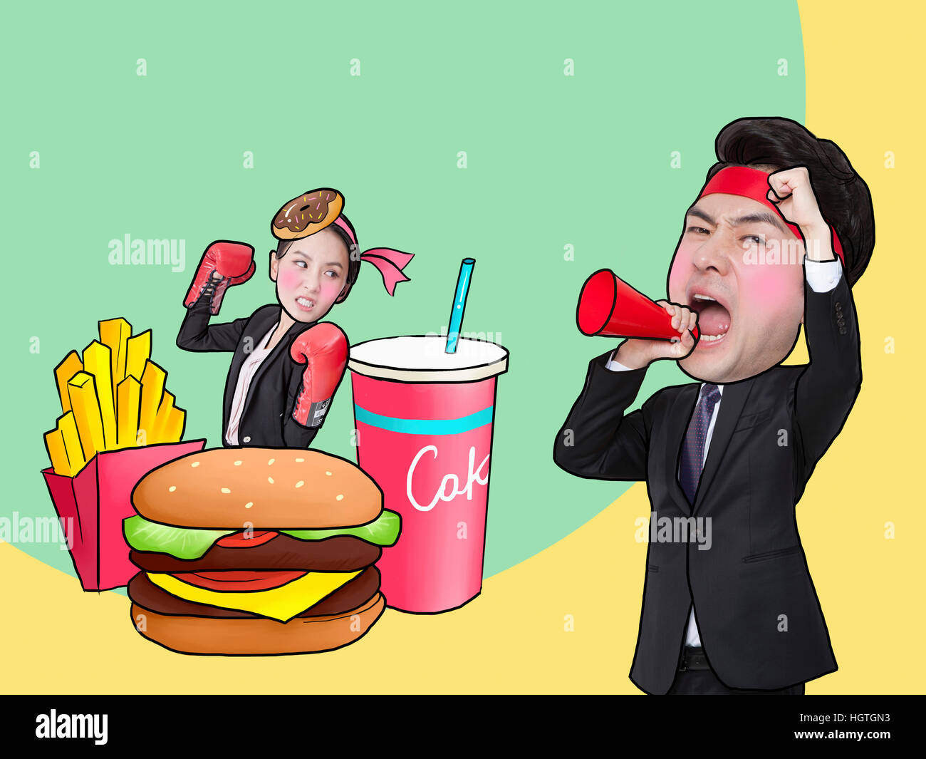 Man and woman demonstrating against fast food Stock Photo - Alamy