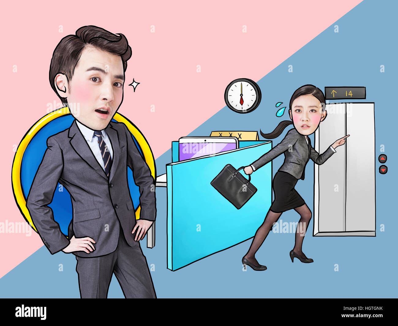 Confident businessman posing and businesswoman embarrassed Stock Photo ...