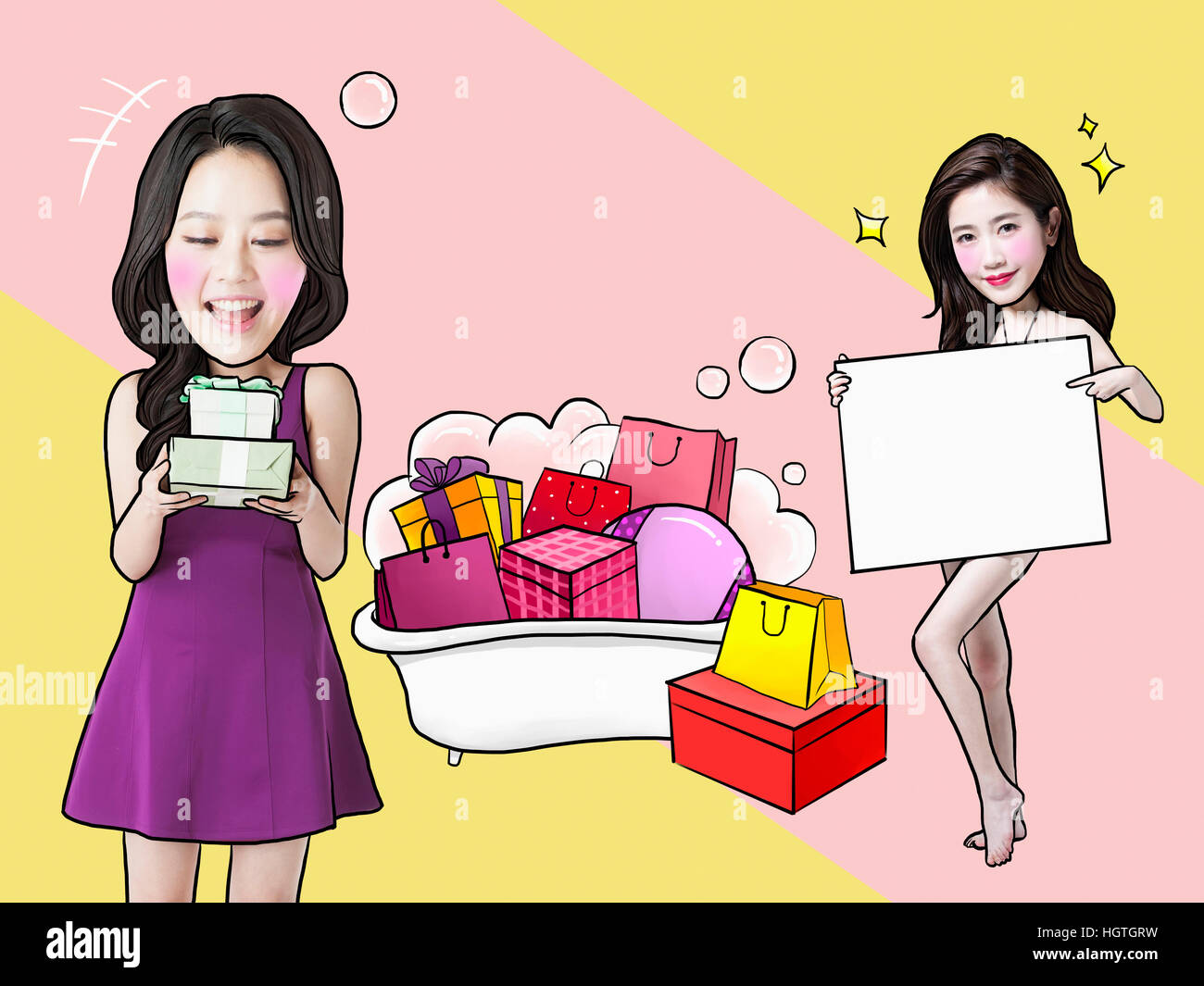 Two young smiling women with present boxes Stock Photo - Alamy