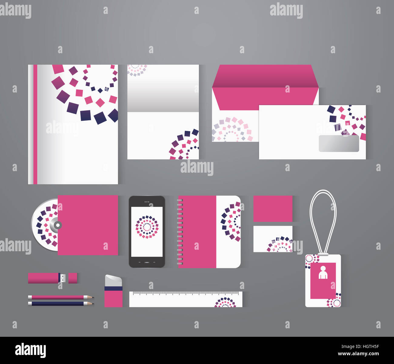 Set of various stationary with patterns of purple squares Stock Photo ...