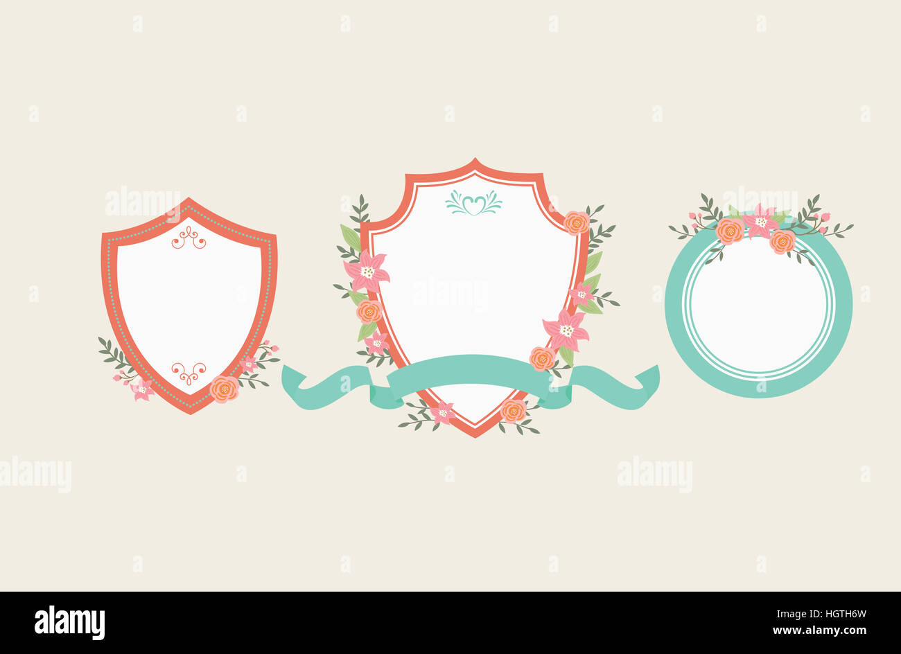 Emblem labels with flowers and ribbon Stock Photo - Alamy