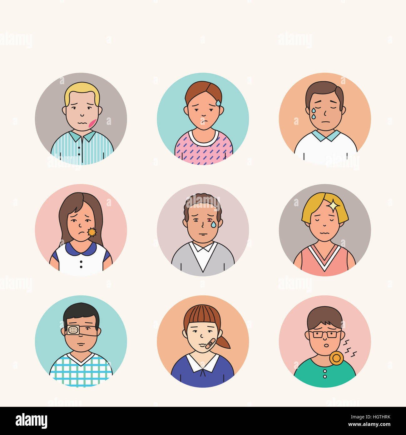 Icons of portraits of various people suffering pains Stock Photo - Alamy