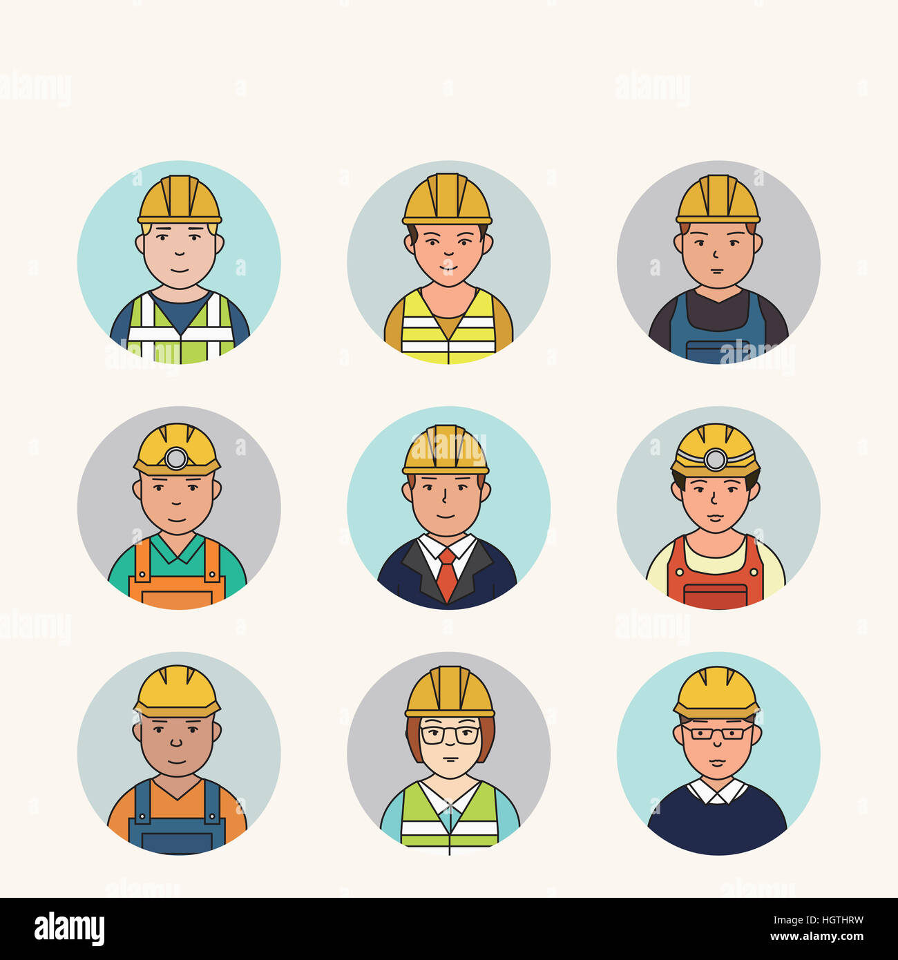 Various icons of portraits of workers in helmets Stock Photo - Alamy
