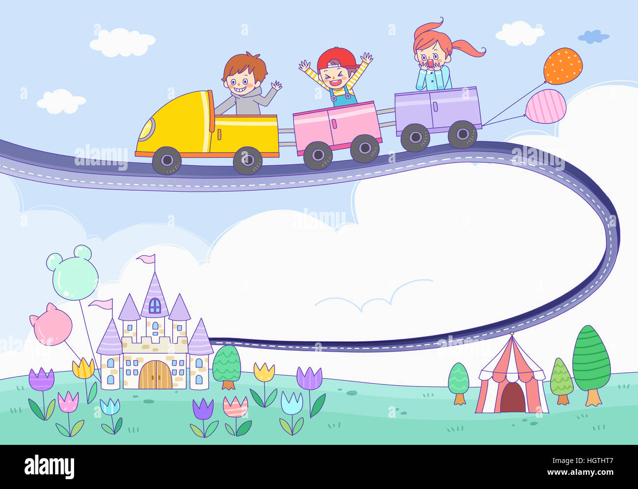 Smiling children riding on train at amusement park Stock Photo - Alamy