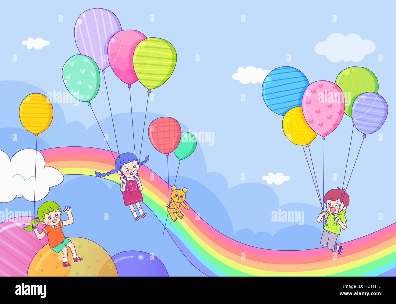 Smiling children flying with balloons in sky Stock Photo - Alamy