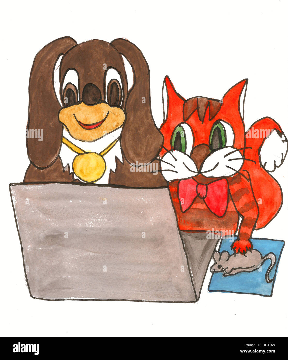 Dog and cat with computer Stock Photo - Alamy