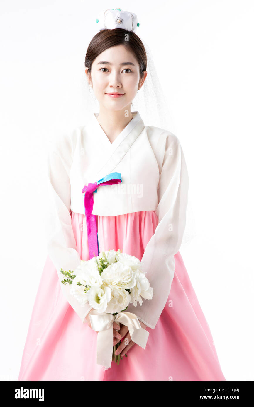 Young smiling bride in traditional Korean clothes Stock Photo - Alamy