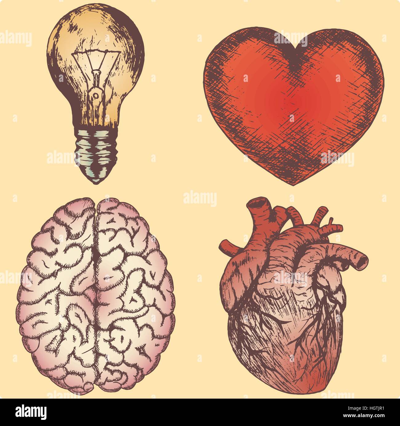 Hand drawn vector sketch illustration set - brain, love and ...