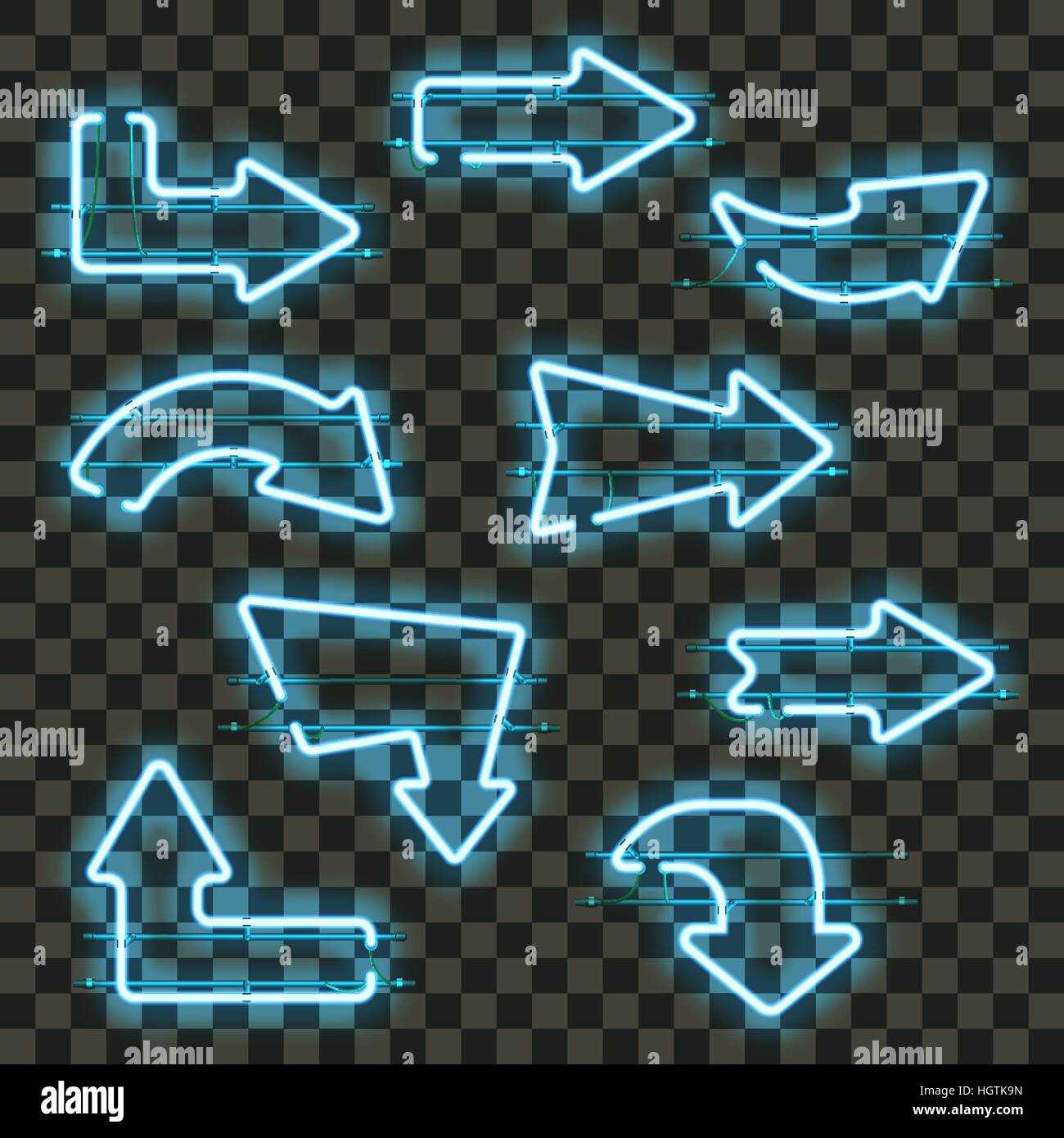 Set of glowing blue neon arrows isolated on transparent background ...