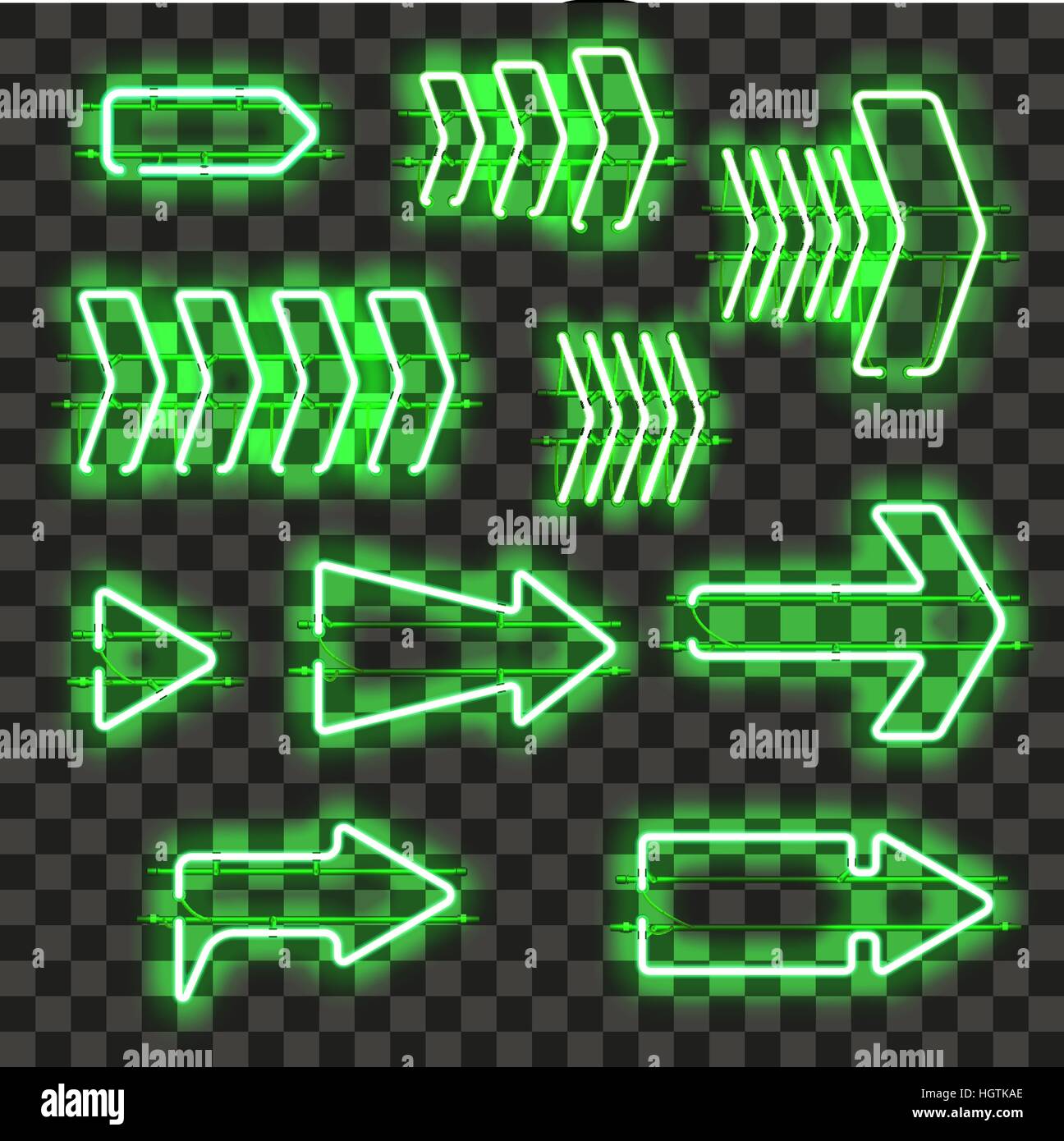 Set of glowing green neon arrows isolated on transparent background ...