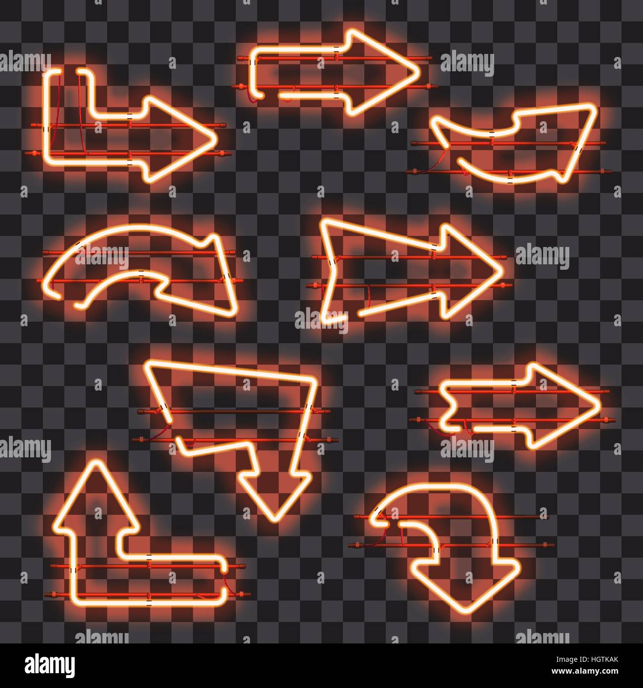Set of glowing orange neon arrows isolated on transparent background ...