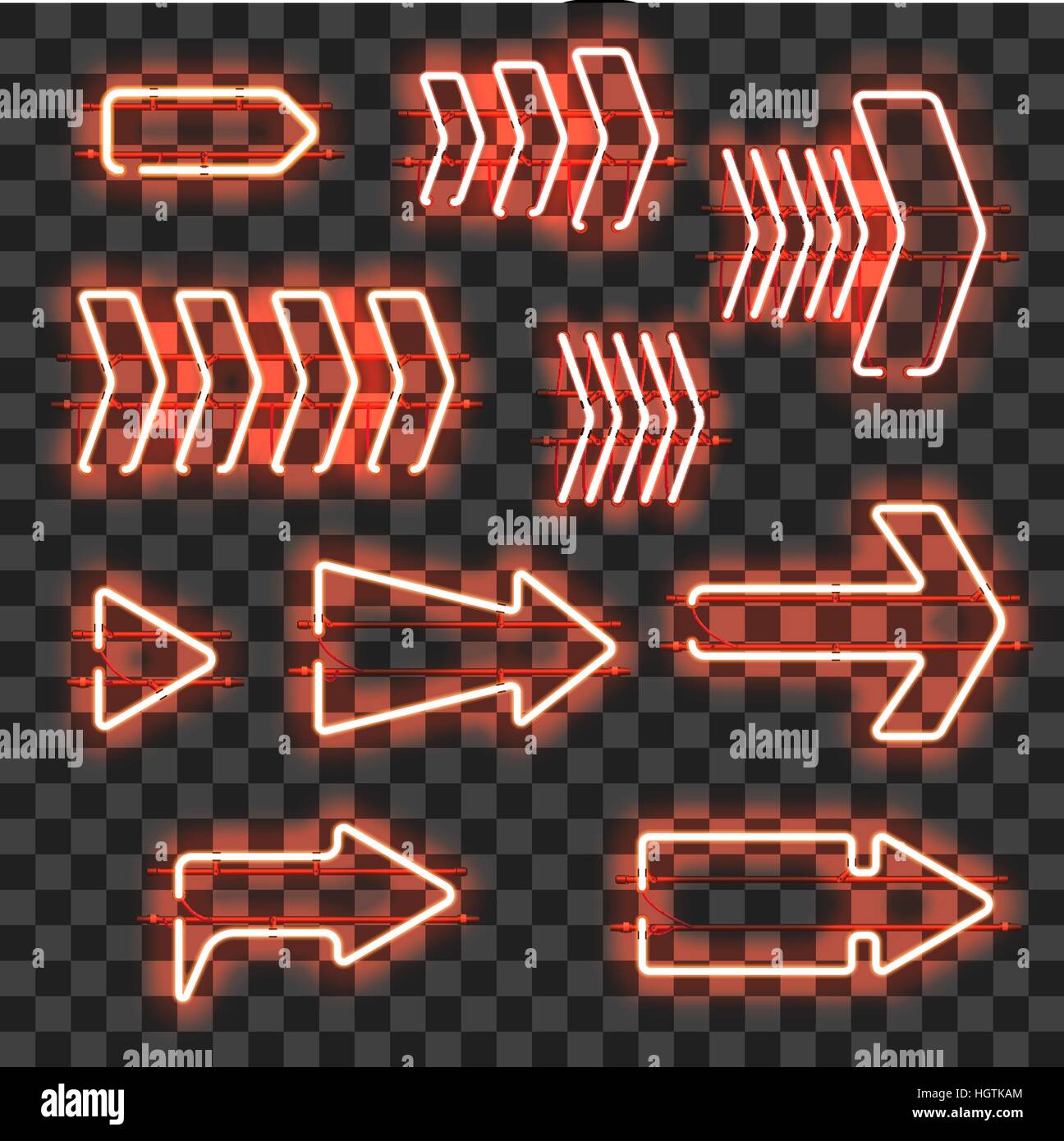 Set of glowing orange neon arrows isolated on transparent background ...