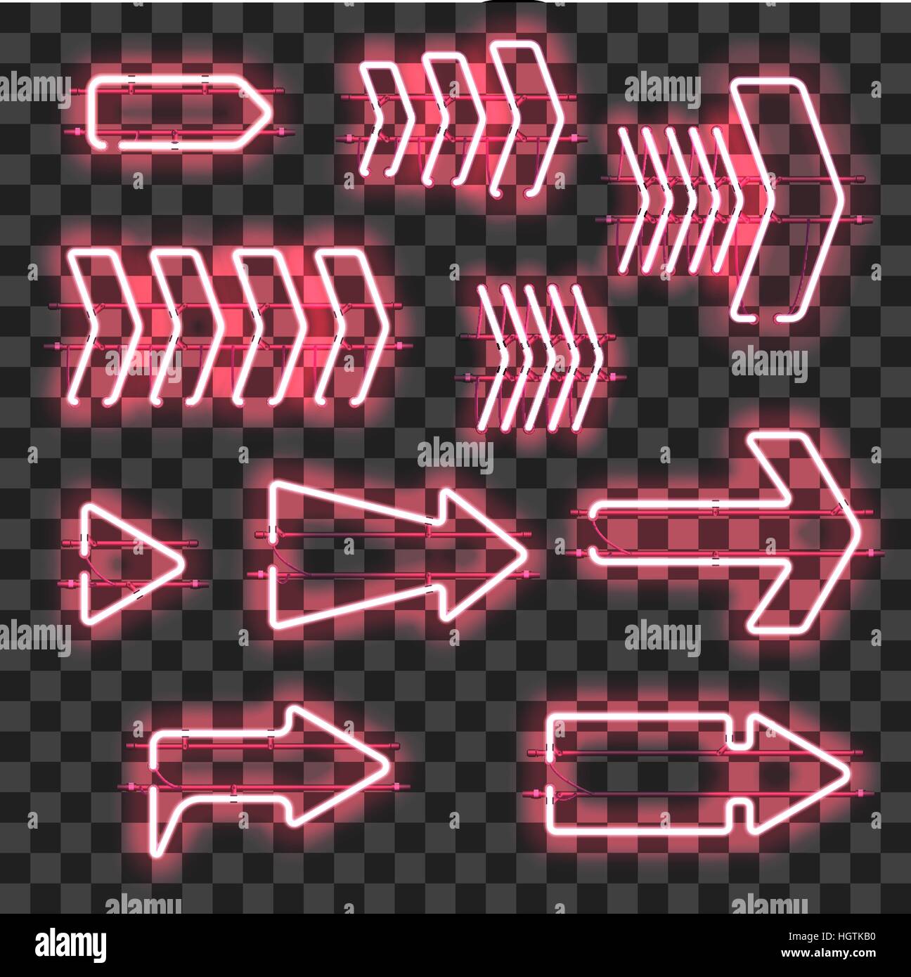 Set of glowing pink neon arrows isolated on transparent background ...