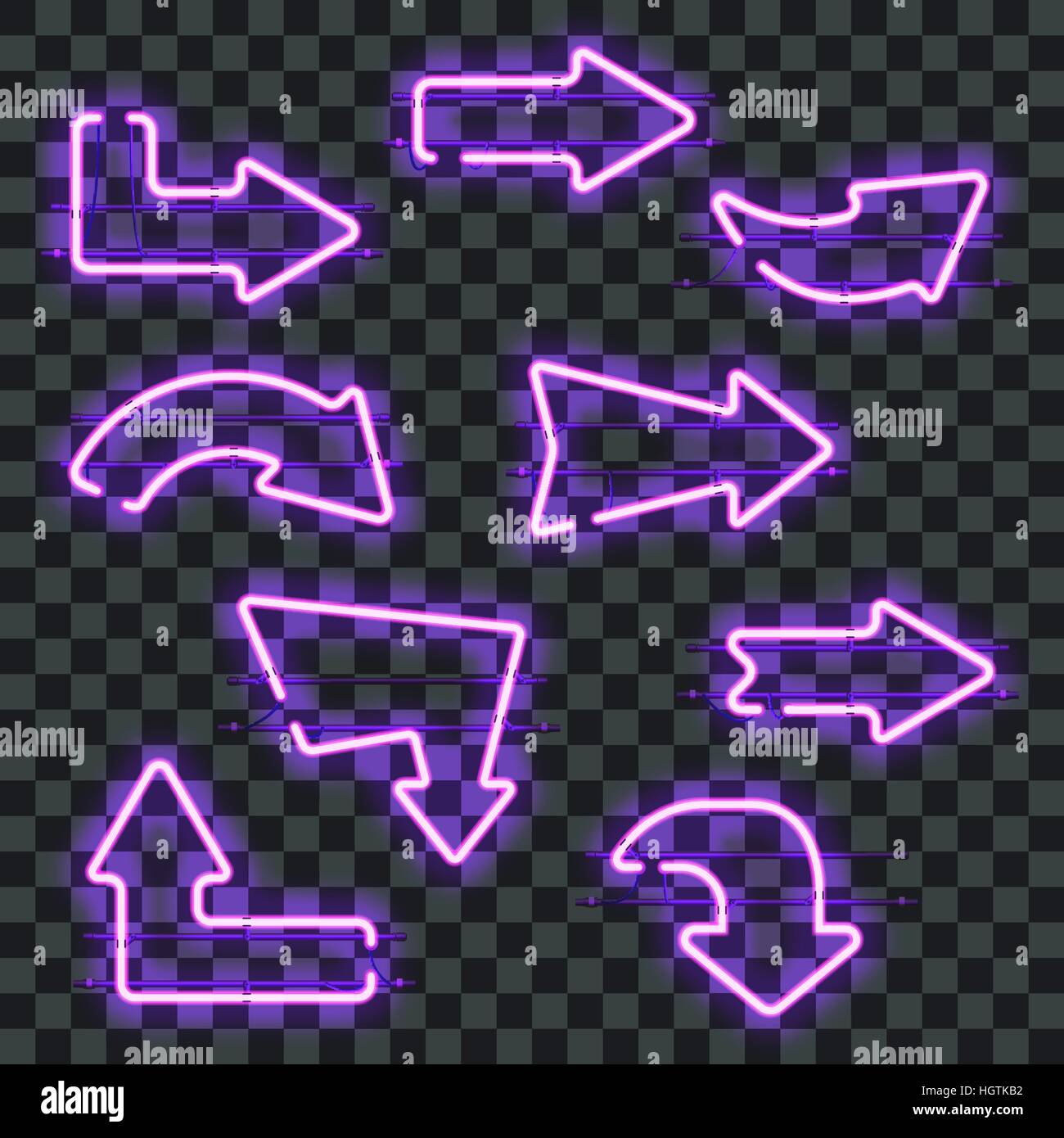 Set of glowing purple neon arrows isolated on transparent background. Shining and glowing neon ...