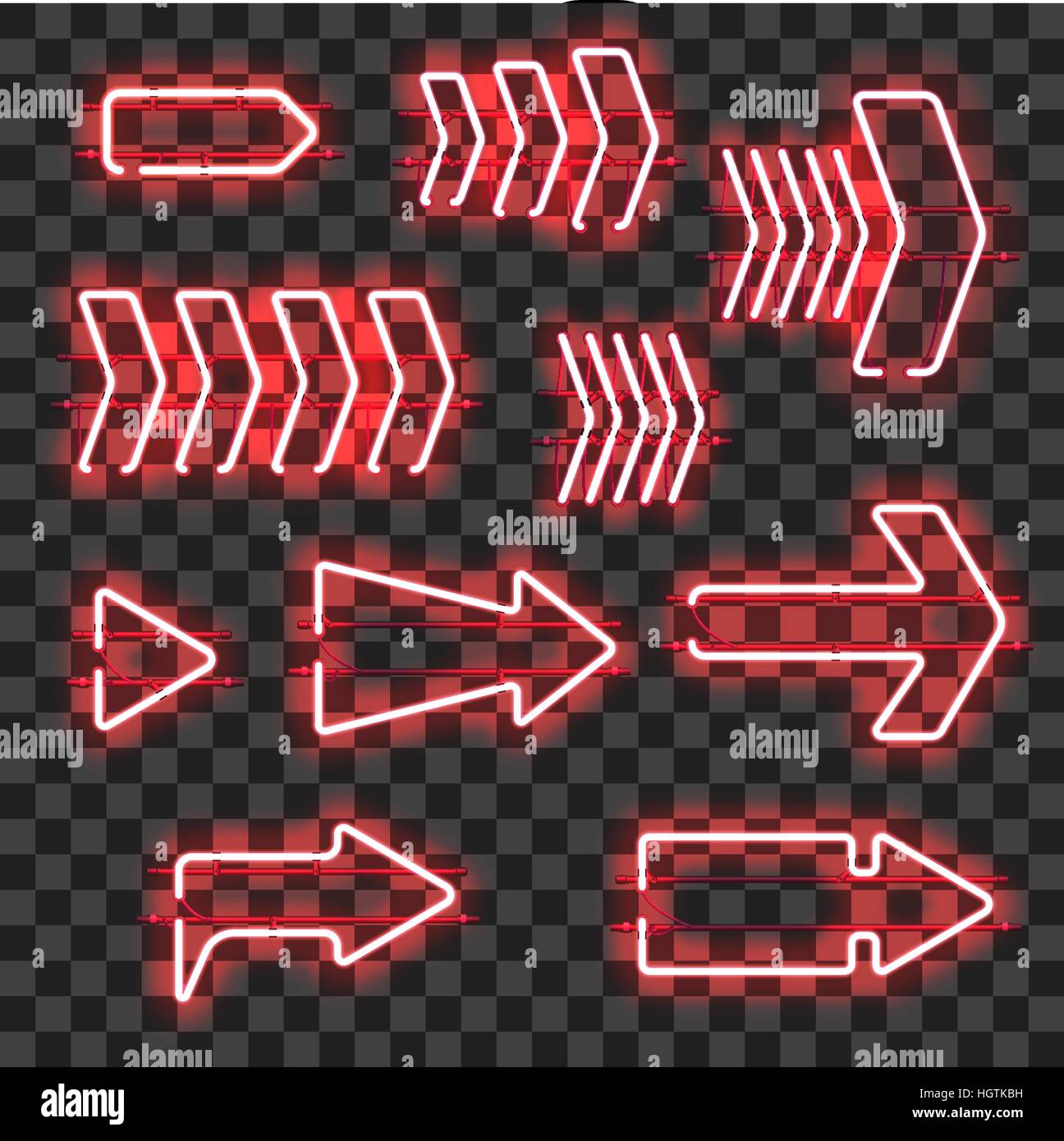 Set of glowing red neon arrows isolated on transparent background ...